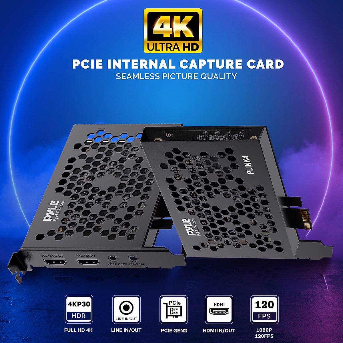 Pyle Live Gamer HDMI 4K Live Record and Stream, Multi Video Format Support, Audio-VideoLine in/Out, Super High Speed, Real Time Gameplay, Conference Live Broadcast, PCI-E Gen2 - PLINK4