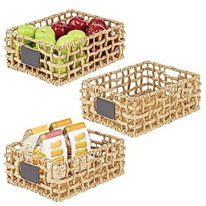 mDesign Water Hyacinth Open Weave Household Basket with Built-in Chalkboard Label for Storage in Bedroom, Bathroom, Office - Hold Clothes, Blankets, Linens, Accessories, 3 Pack - Natural/Tan