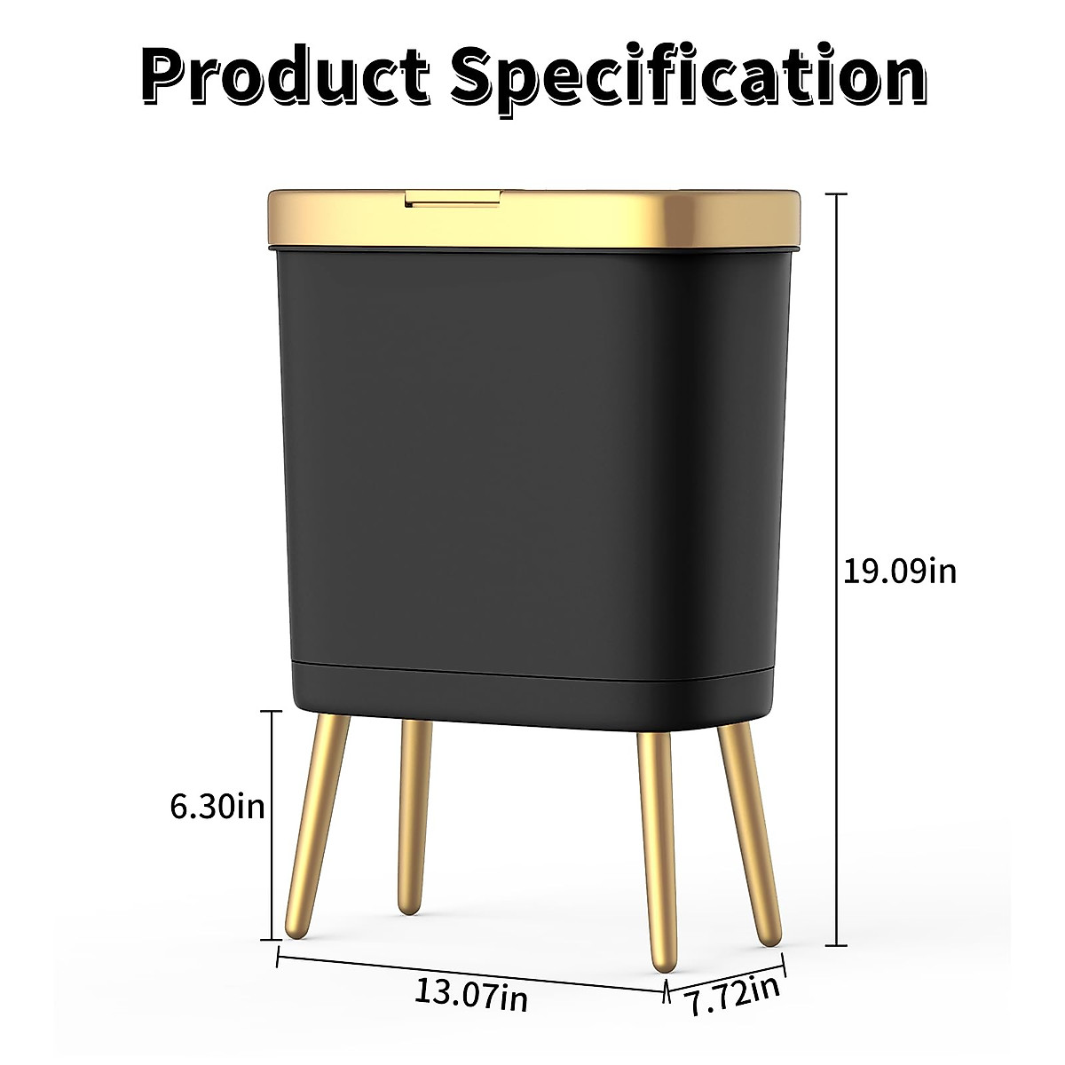 Procade Office Trash Can with Lid, Black Bathroom Trash Can with Gold Edge, Modern Narrow Garbage Can with Legs, Slim Plastic Trash Bin for Bedroom, Living Room,Kitchen,Toilet, 4 Gallon
