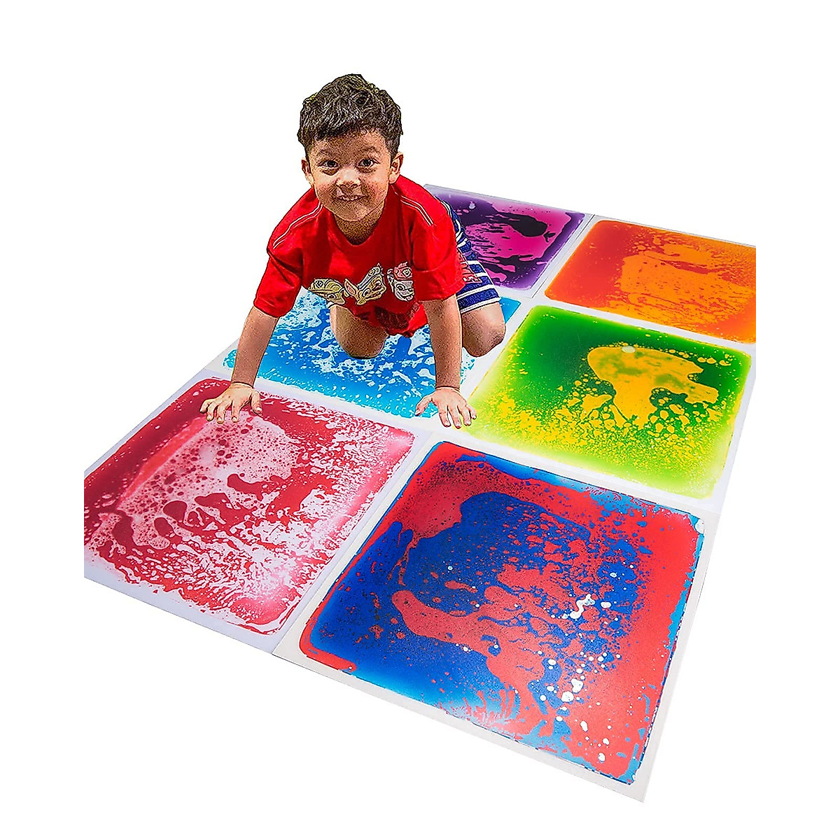Art3d 6-Tile Sensory Room Tile Multi-Color Exercise Mat Liquid Encased Floor Playmat Kids Play Floor Tile, 19.7" Large Tile 16 Sq.Ft
