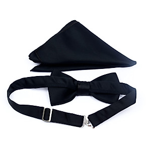 Men's Classic Pre-Tied Satin Formal Tuxedo Bowtie with Handkerchief Adjustable Length for Wedding Party and Prom (BLACK) Standart