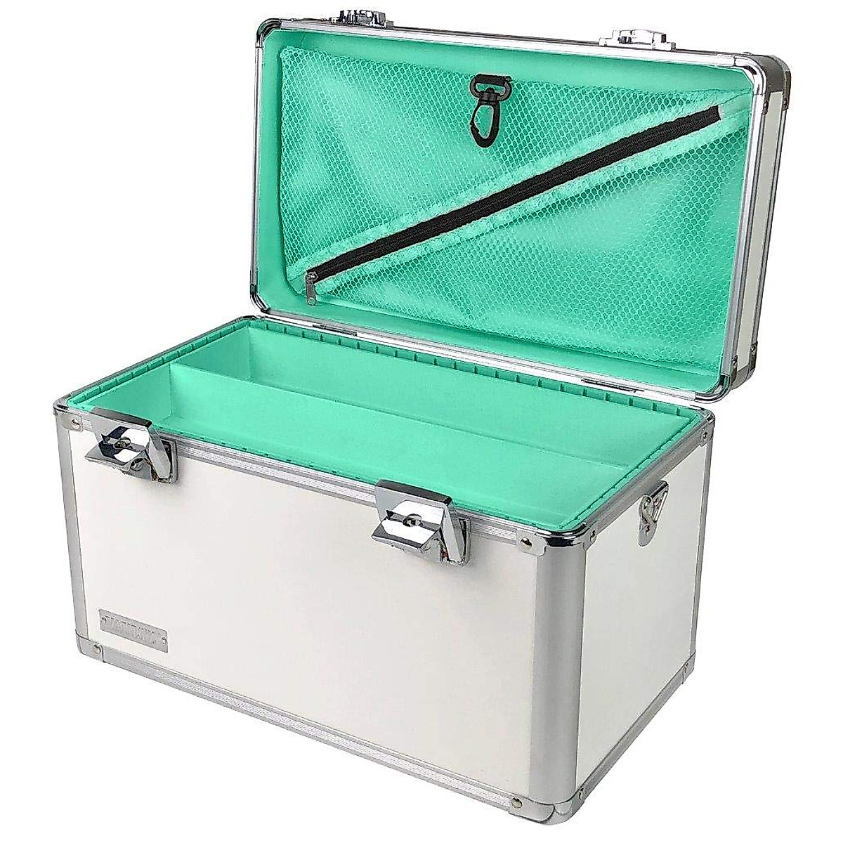 Vaultz Portable Safe Box - 14 L x 9.12 H x 8.5 W Inch Large Storage Box with Lock, Mesh Pocket & Adjustable Compartments for Cash, Documents and Valuables - White
