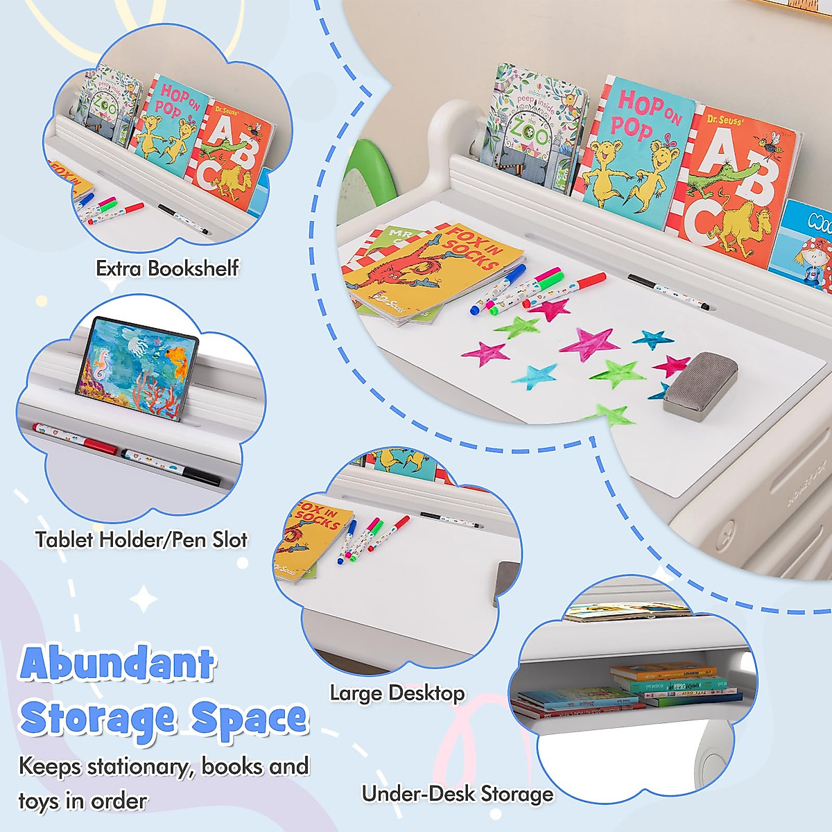 HONEY JOY Kids Table and Chair Set, Plastic Children Activity Table and Chair w/Graffiti Desktop, Storage, Markers & Eraser, Toddler Table and Chair Set for Daycare Playroom Classroom (Gray)