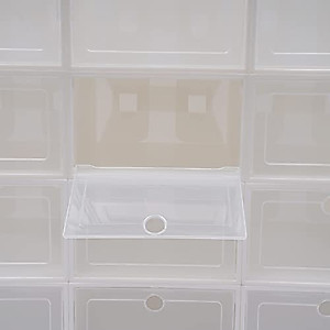 XUANIIIL 12/24 Pack Stackable Shoe Box Set, Plastic Clear Medium/Large Size Foldable Shoe Storage Boxes Home Organizer for Closet Shoe Holder Rack Containers with Lids (White, Standard Size, 20pcs)
