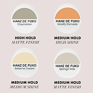 Hanz de Fuko Deluxe Hair Care Kit – Super Styling Sampler Featuring Claymation, Sponge Wax, Modify Pomade, Scheme Cream – 4 pack, 0.25oz each