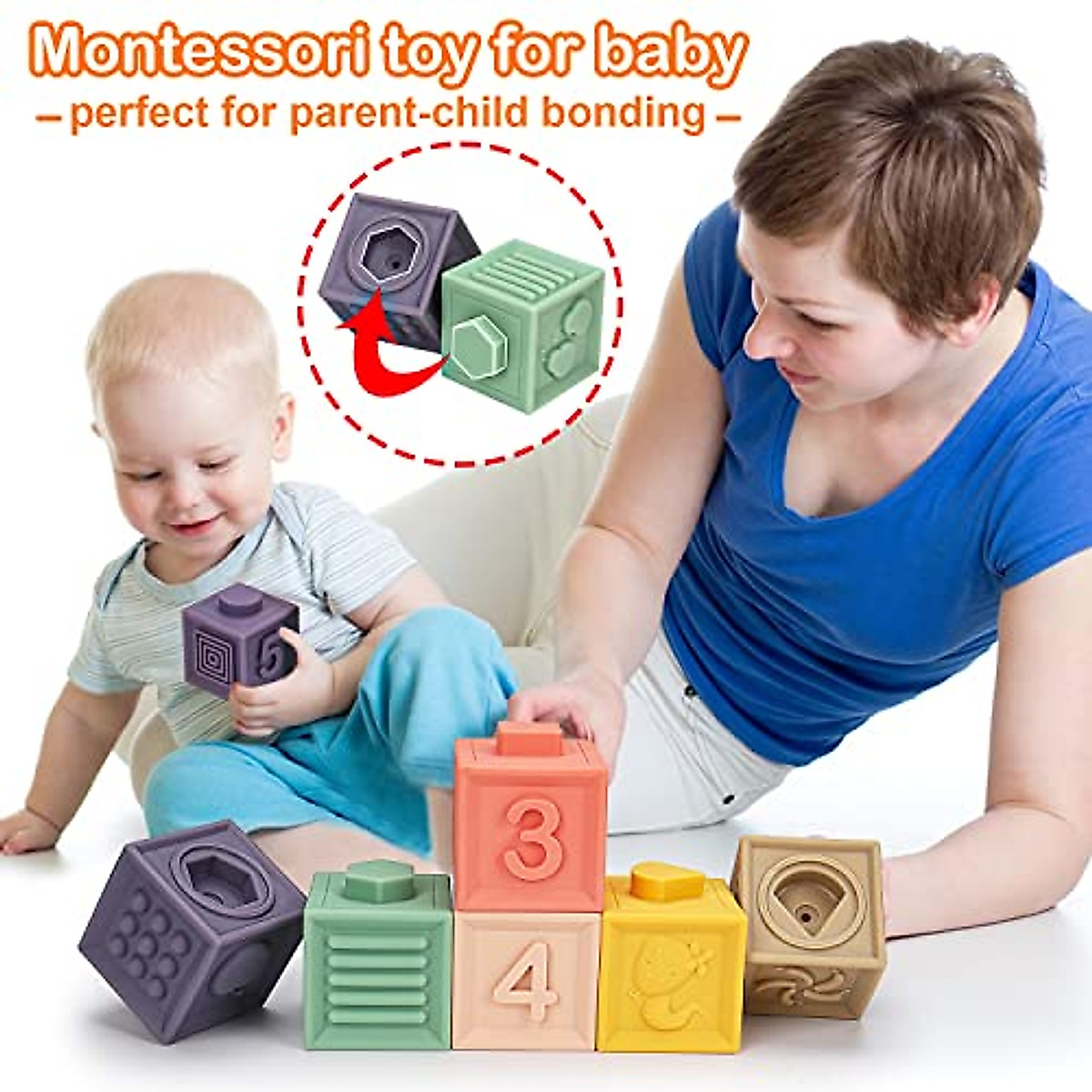 4 In 1 Baby Sensory Toys 6-12-18 Months, Montessori Pull String Infant Teething Toy 6 8 9 10 12 M+ Stacking Building Block Sensory Shape Bin Baby Learning Toys 3-6 Months Toddler Age 1-3 Girl Boy Gift