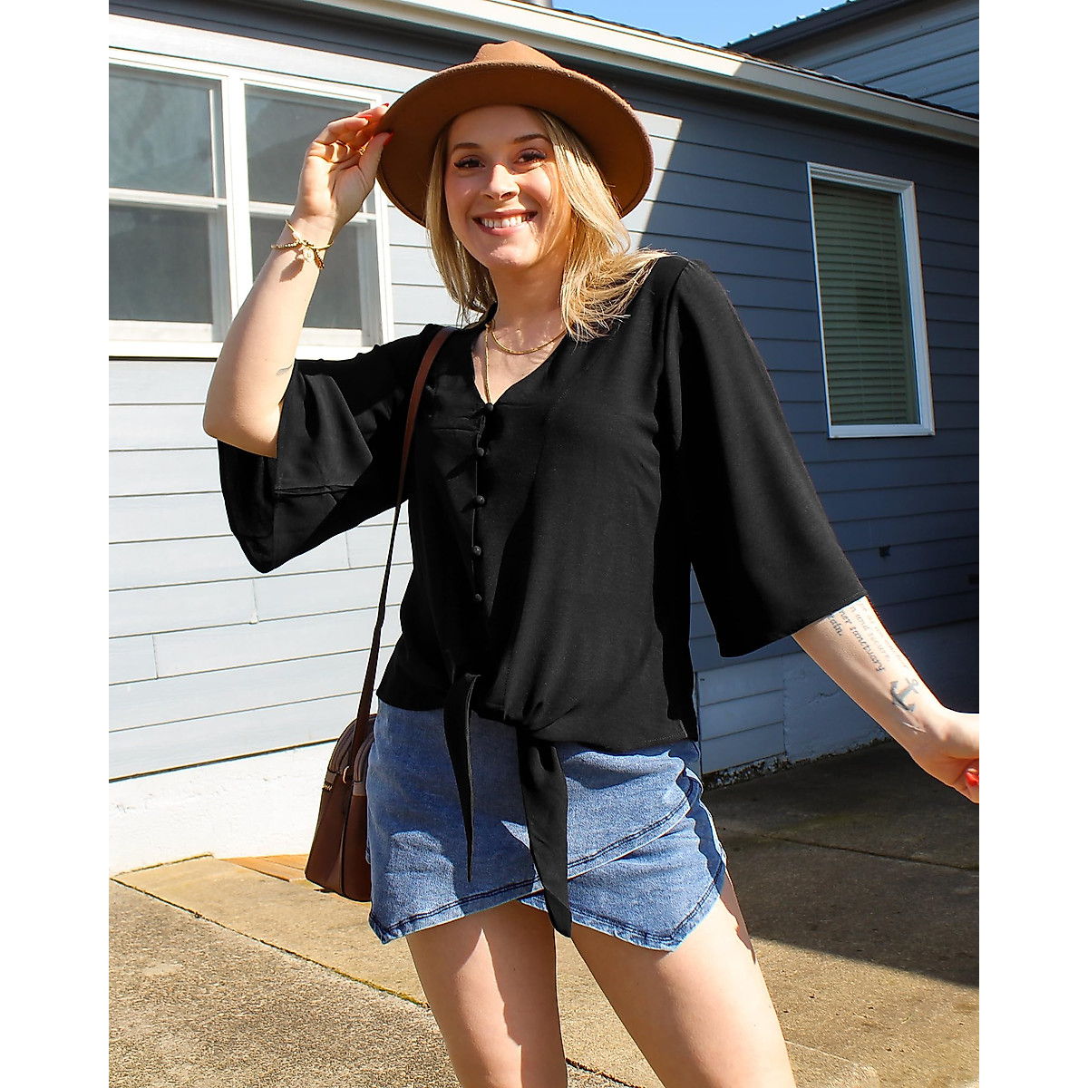 luvamia Women's V Neck Tops Ruffle 3/4 Sleeve Tie Knot Blouses Button Down Shirts, Black Button Down Size XL