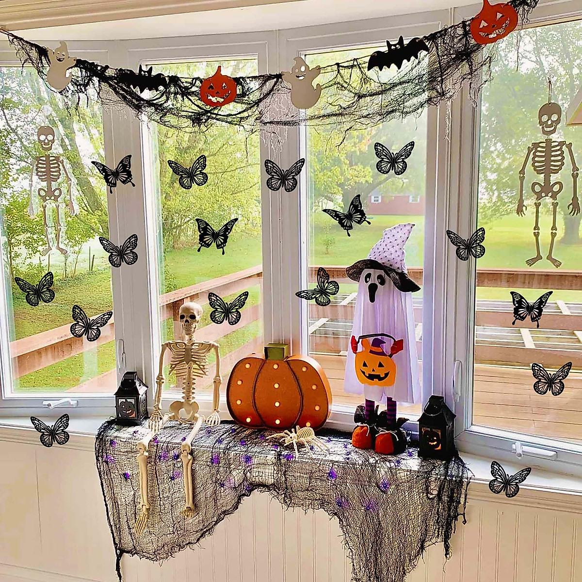 Halloween Black Butterfly Decorations Wall Decor,48Pcs 2 Styles 3 Sizes Butterflies Stickers for Cake Cupcake Toppers, 3D Paper Butterfly Decals for Birthday Goth Party Bathroom