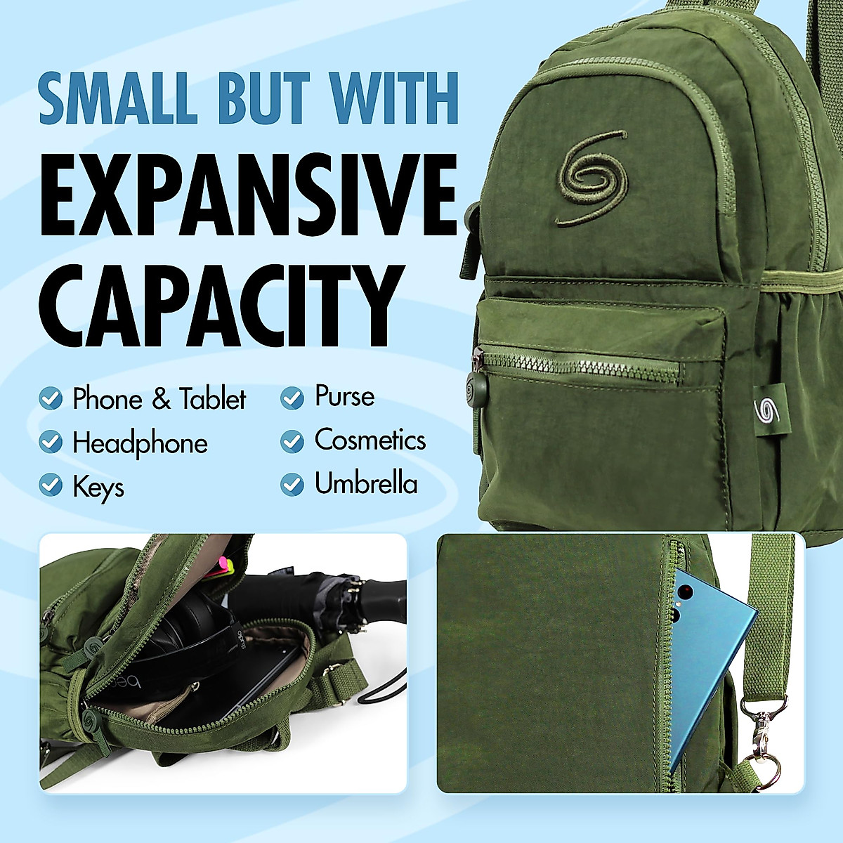 Grand Sierra Designs Mini Backpack for Women - Cute Crossbody Bags for Women W/Anti Theft Pocket - Multi Compartment Mini Backpack W/Expansive Storage for School, Traveling, Hiking, & more - Olive