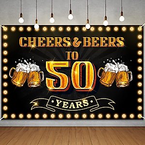 Cheers and Beers to 50 Years Banner Backdrop Happy 50th Birthday Background for Men Women Photography Bday Anniversary Party Sign Decorations Supplies Black and Gold
