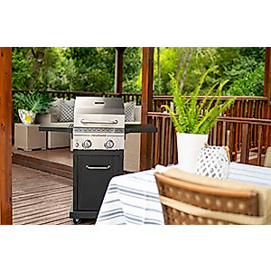 Megamaster 720-0864MA 2 Burner Propane Barbecue Gas Grill, for Camping, Outdoor Cooking, Patio, Garden Barbecue Grill, 28000 BTUs, with Foldable Side Table, Silver and Black