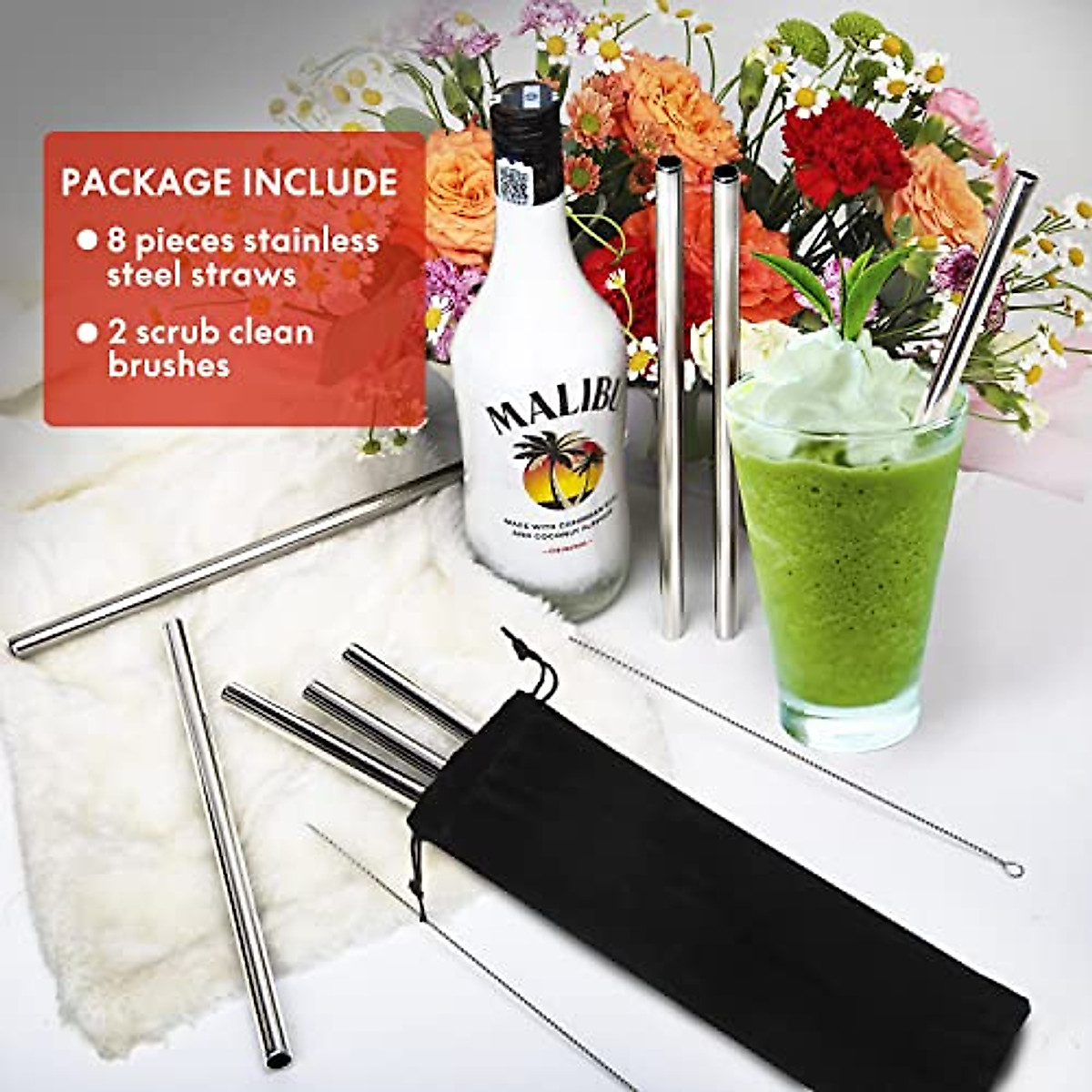 Stainless Steel Straws 8 pcs, Large 265mm (L)* 12mm (D) Straight Straws for 50 Oz Tumblers, Reusable Enviro Friendly straws with 2 Brushes, Clothing Bag Package for Parties/Home/Bar/Inns