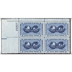#1070 - 1955 3c Atoms for Peace Postage Stamp Numbered Plate Block (4)