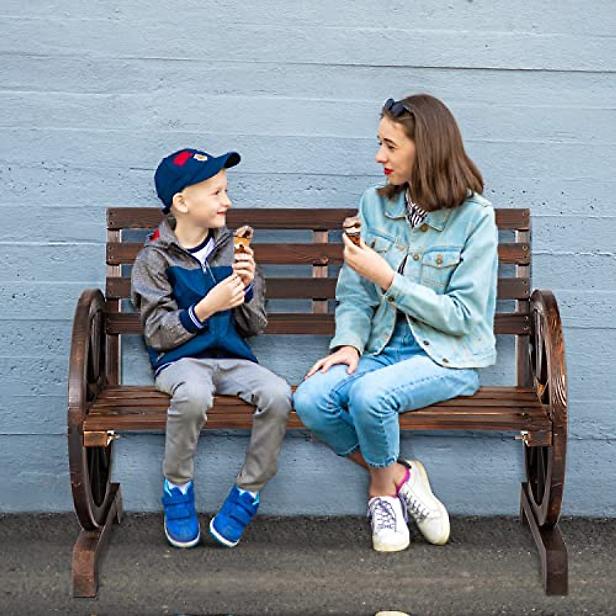 Vagowin Wagon Wheel Bench, Wooden Outdoor Bench 2-Person Seat, Rustic Patio Benches with Backrest for Porch, Garden Brown 19.7inchD x 41.3inchW x 30.3inchH