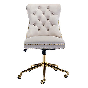 Beige Velvet Home Office Desk Chair with Wheels & Gold Base, Cute Makeup Vanity Chair with Tufted Back for Women Girls, Upholstered Adjustable Swivel Armless Office Chair for Bedroom, Beige