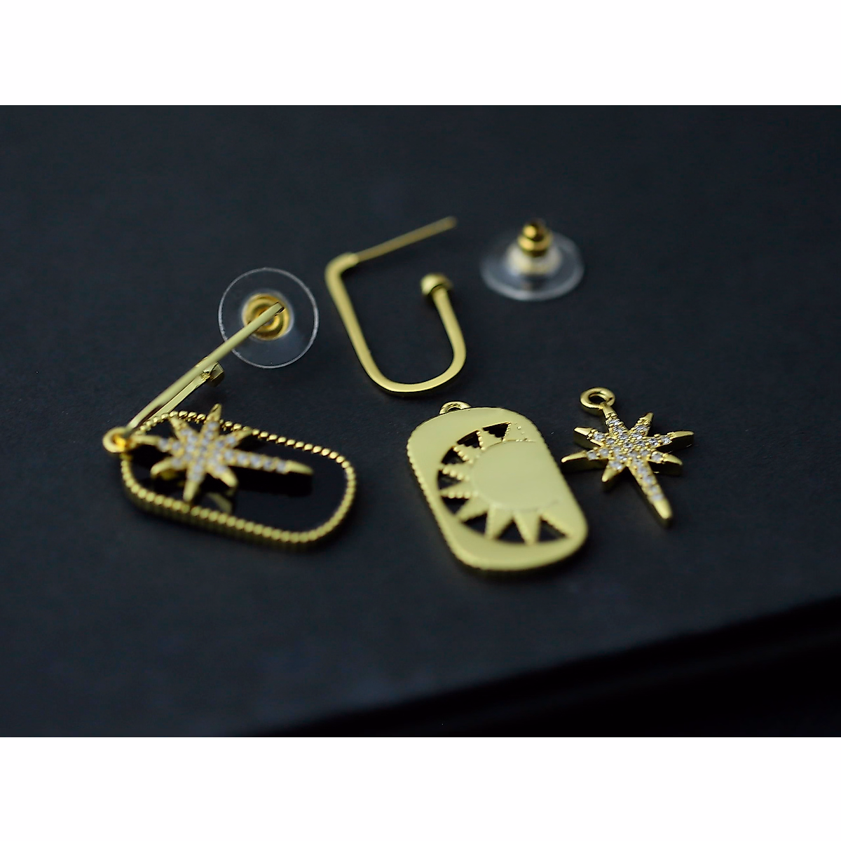 GLPAHA Star Black Dangle Earrings for women Sterling Silver Unique design Multiple wearing styles (black gold)