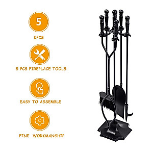 Tangkula 32 inch Fireplace Set 5 Piece Rustic Heavy Duty Compact Wrought Iron Fire Place Tool Set with Pedestal Place, Hearth Tool
