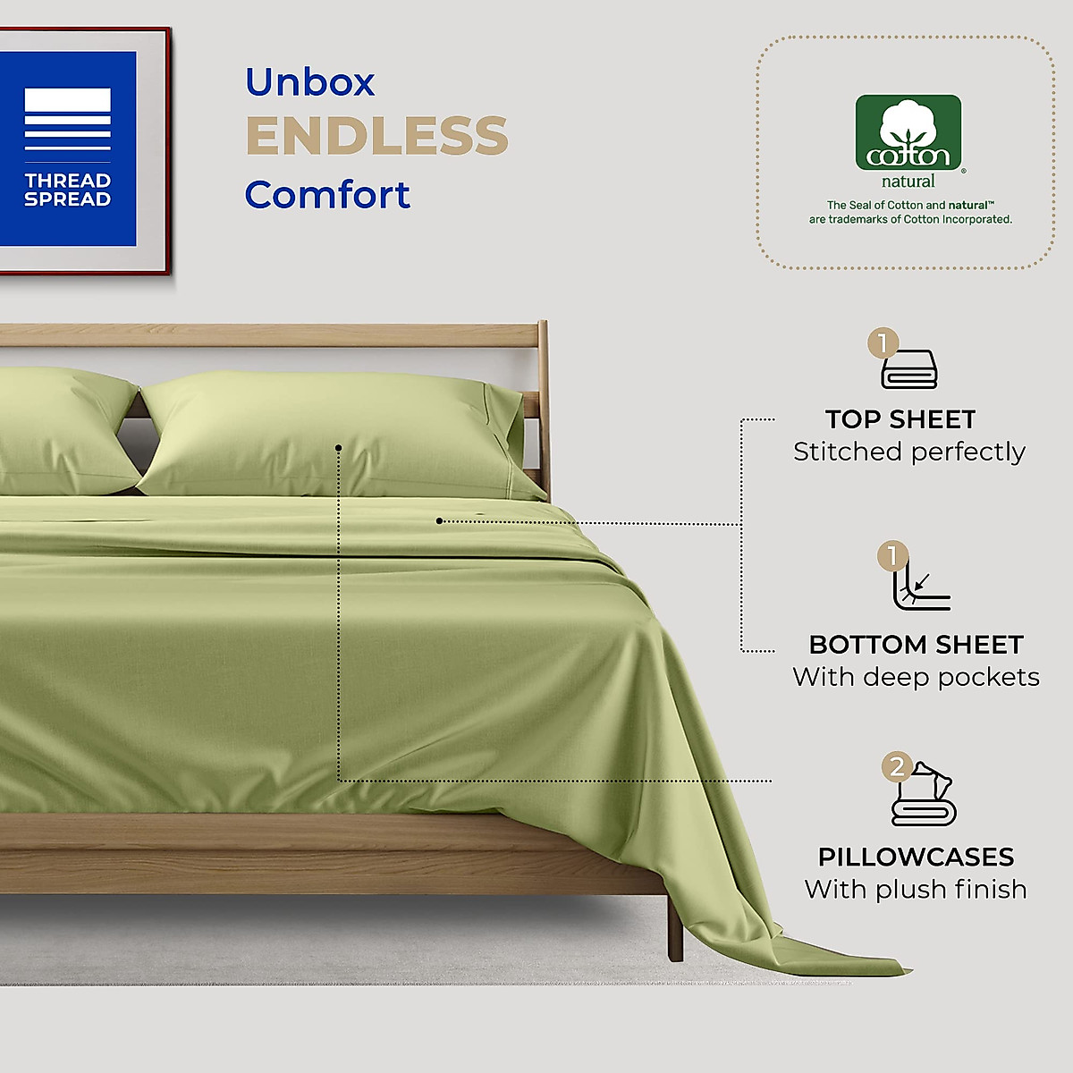 THREAD SPREAD Cotton Full Size Sheet Sets - 400 Thread Count 4 PC 100% Cotton Bed Sheets, 16” Deep Pocket Full Size Sheets Cotton, Soft, Sateen Cooling Full Sheet Set, Luxury Hotel Sheets (Sage Green)