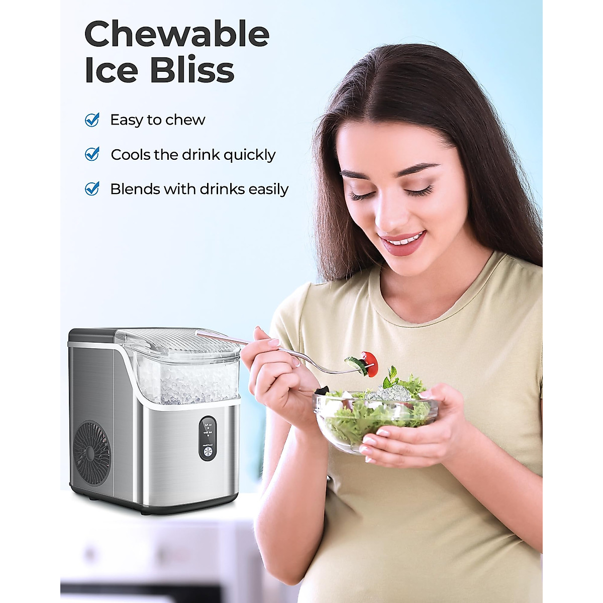 Havato Nugget Ice Maker Countertop with Soft Chewable Pellet Ice,Pebble Portable Ice Machine with Ice Scoop, 34lb in 24Hrs, One-Click Operation, Self-Cleaning, Stainless