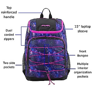 FUEL Wide Mouth Sports Luggage Backpack with Front Bungee and Inner Tech Pocket, Black/Hot Pink/Galaxy Print