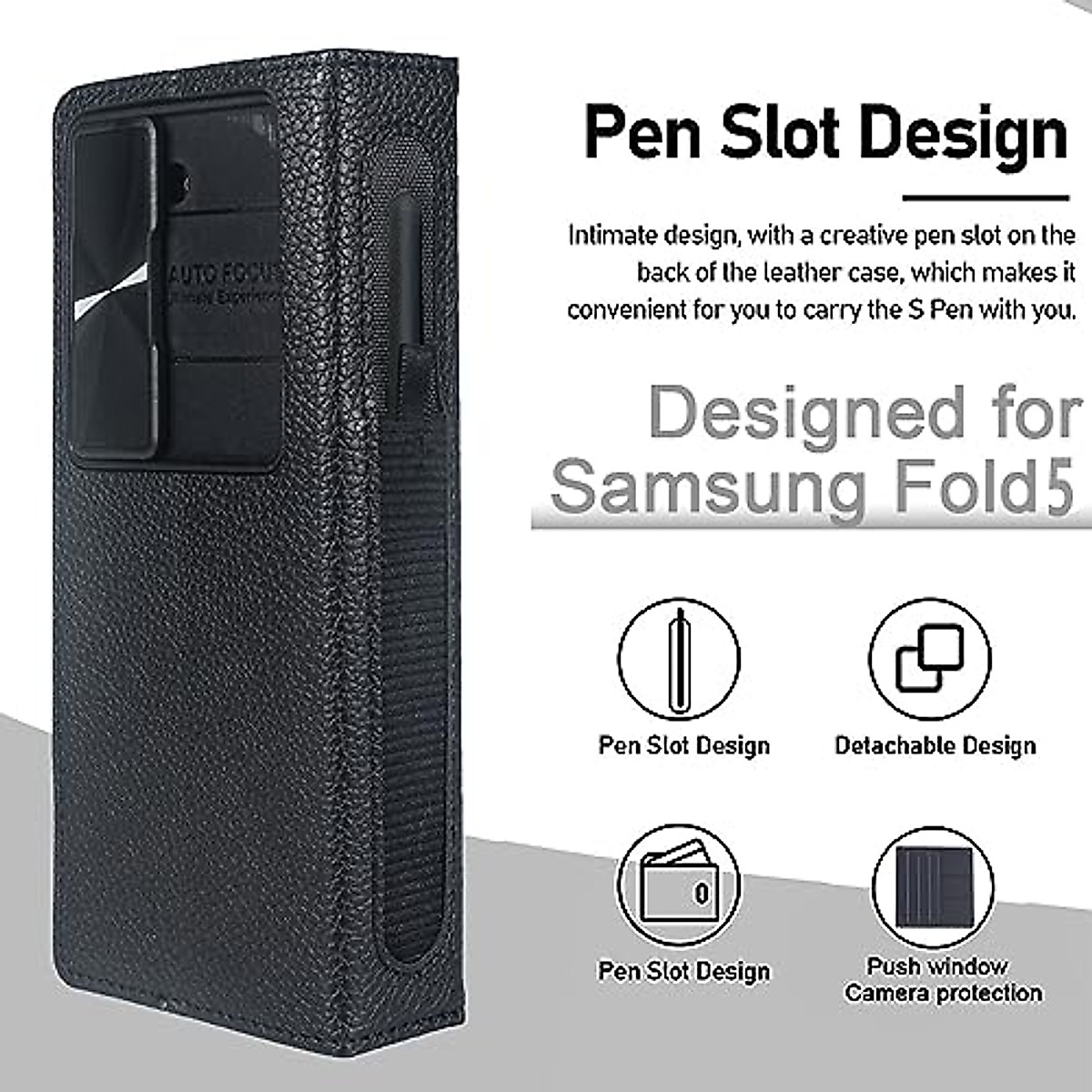 KUGEW for Samsung Galaxy Z Fold 5 Case with S Pen Holder & Camera Cover, Luxury Leather Wallet Phone Cover Built-in S Pen Slot Kickstand Function Card Holder Hinge Protection Shockproof (Black)