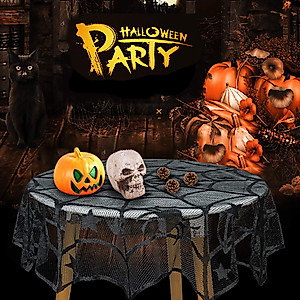 Korlon Halloween Tablecloth, 2 Pcs Halloween Decorations Indoor Spider Web Table Cloth, 54”x 72” Rectangular & 42” Round Black Lace Tablecloth Cover for Halloween Home Party Kitchen Table Decor