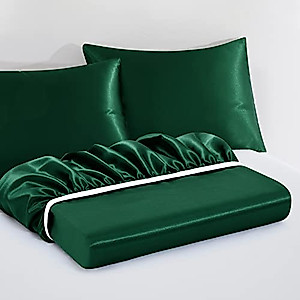 VACVELT 3pcs Extra Deep Pocket Satin Fitted Sheet Set Queen Bed Set, Blackish Green Bottom Sheet Fit 18-24 Inch Deep Pocket Mattress, Silky Bedding Set Soft & Ultra Deep Fitted Sheet & 2 Pillowcase