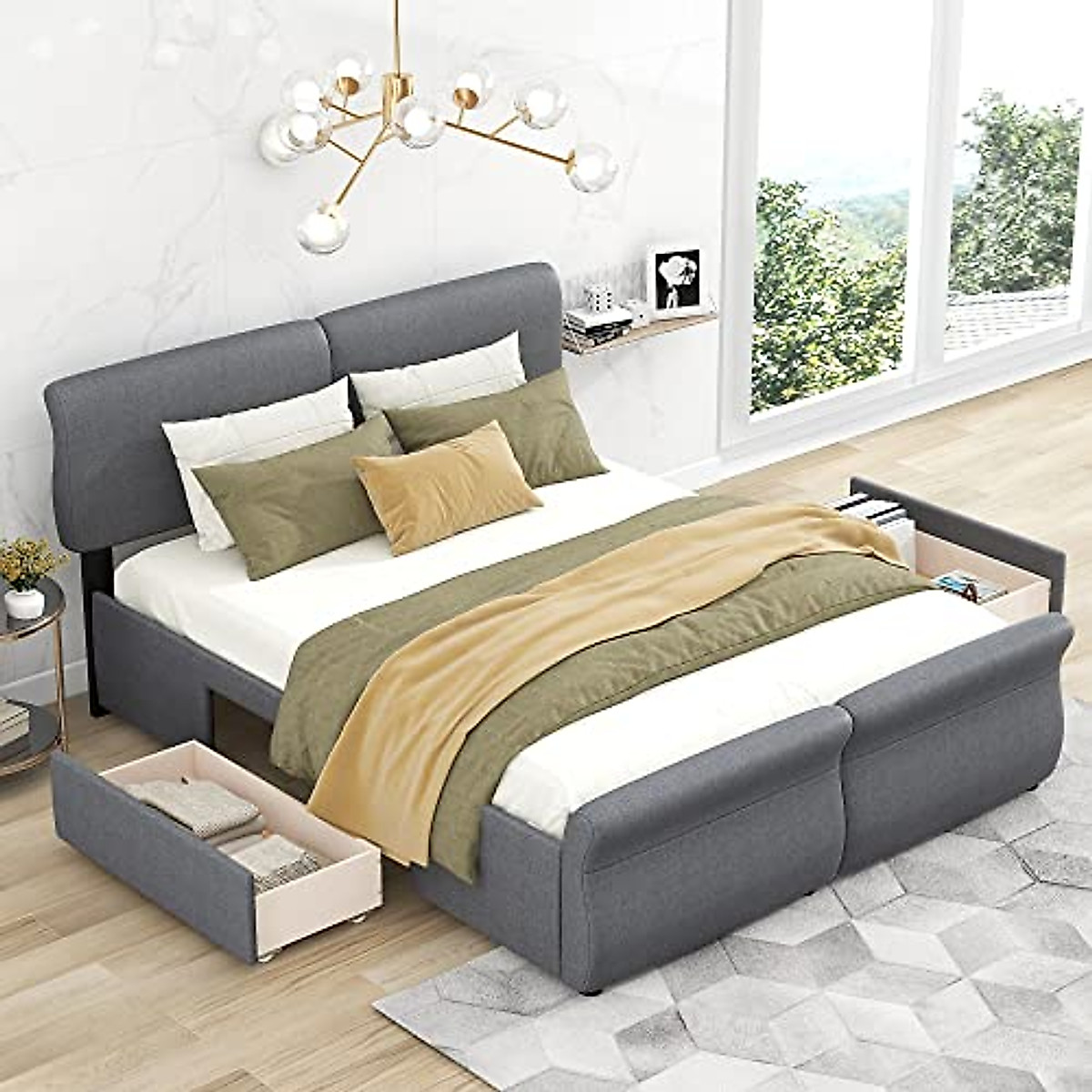 RORIGAT Queen Size Upholstery Platform Bed with Two Drawers,Wooden Bed Frame with Linen Fabric for Bedroom,Grey