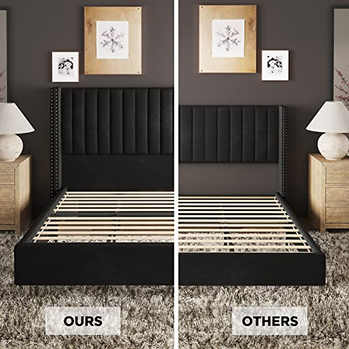 Jocisland Bed Frame King Size Upholstered Bed Wingback Headborad Velvet Channel Tufted/No Box Spring Needed/Black