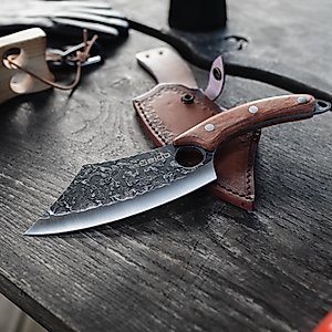 Seido Knives Hakai Chef Cleaver Knife with Curve Rosewood Handle and Premium Leather Sheath - Artisan Crafted High Carbon Stainless Steel for Kitchen, Camping, and BBQ