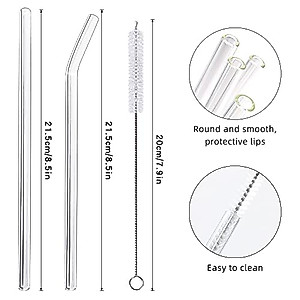 Reusable Drinking Straws Glass Clear 12-Pack, with 4 Cleaning Brush Size 8.5''x10 MM Set of 6 Straight and 6 Bent - Perfect for Cocktail Glass, Smoothies, Tea, Juice, Milkshakes