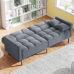 RIDFY Modern Upholstered Adjustable Folding Sofa Bed with Two Pillows and Metal Legs, Linen Fabric Futon Couch with Armrests for Living Room, Apartment, Dorm, Home, Office (Dark Gray)
