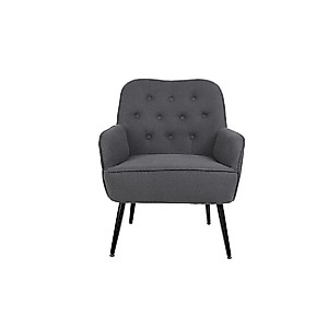 Mid Century Modern Accent Chair Button-Tufted Upholstered Comfy Chair with Linen Fabric Lounge Arm Chairs with Black Metal Legs for Living Room Bedroom (Dark Gray)