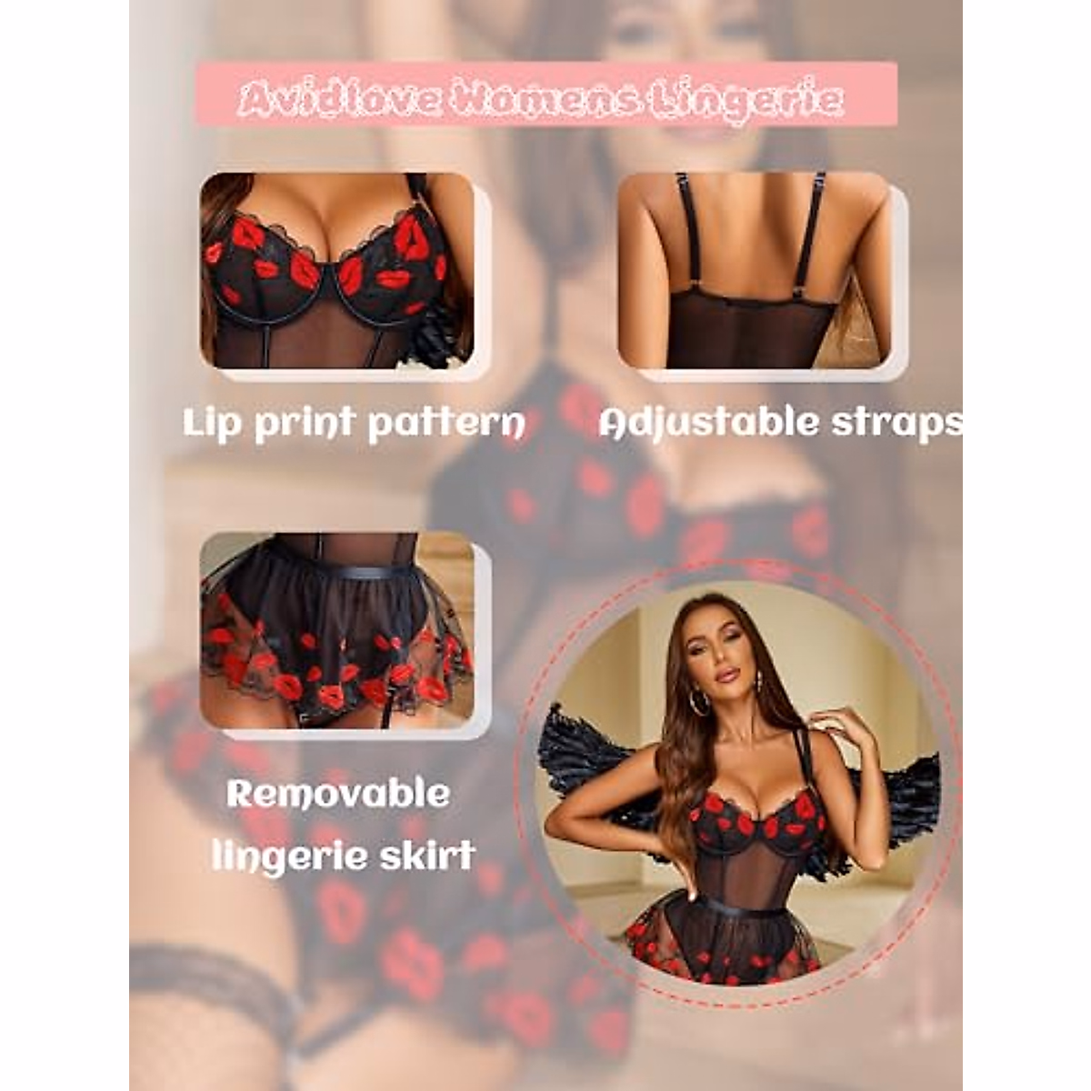 Avidlove Womens Lingerie Supportive Bodysuit with Removable Mini Skirt Embroidery Garter Lingerie Set