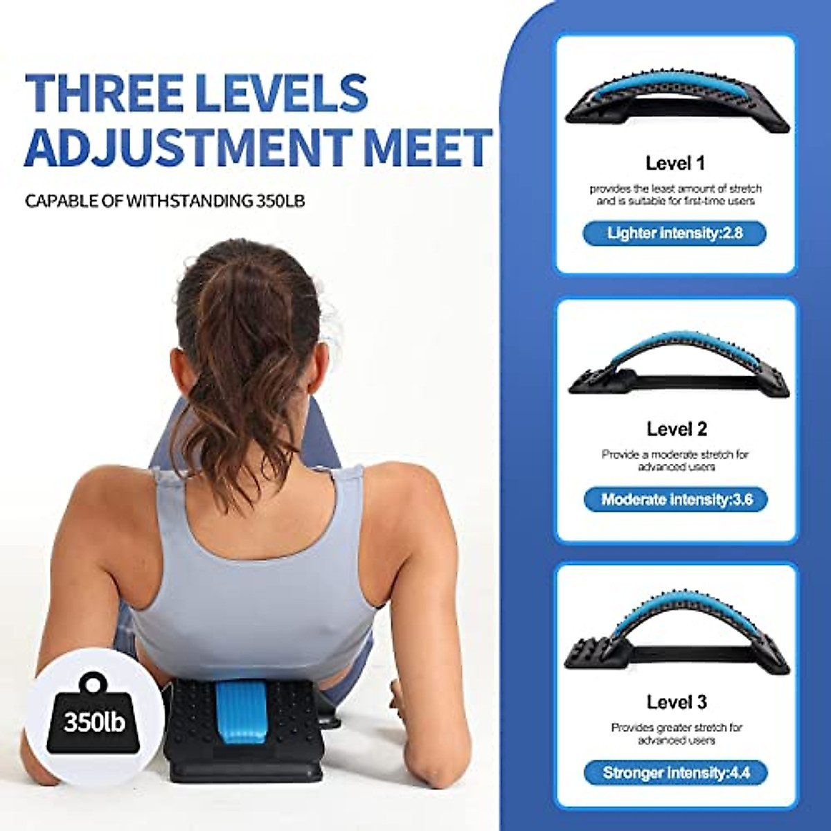 Magic Back Support Back Stretching Device,Back Massager for Bed & Chair & Car,Multi-Level Lumbar Support Stretcher Spinal, Lower and Upper Muscle Pain Relief(Black/Blue)