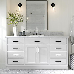ARIEL 67" White Bathroom Vanity, 1.5" Edge Italian Carrara Marble Countertop & Splash, Single Rectangular Sink, 2 Soft Closing Doors, 9 Full Extension Dovetail Drawers, Toe Kick, Matte Black