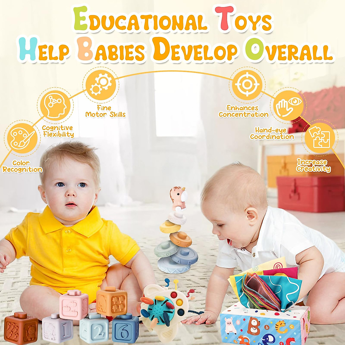 FEBALHS Montessori Baby Toys for 6+ Month Old, 4 in 1 Montessori Toys 6 to 12 months with Baby Stacking Toys, Baby Sensory Toys for 1 Year Old Boy Girl Infant Toddler Toys Gifts Birthday Gifts