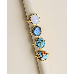 YoTreasure Rainbow Moonstone 925 Sterling Silver Gold Plated Solitaire Ring Jewelry