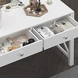 EdMaxwell White Home Office Desk with Drawers, Modern Writing Computer Desk, Small Makeup Vanity Table Desk for Bedroom, Study Table for Home Office