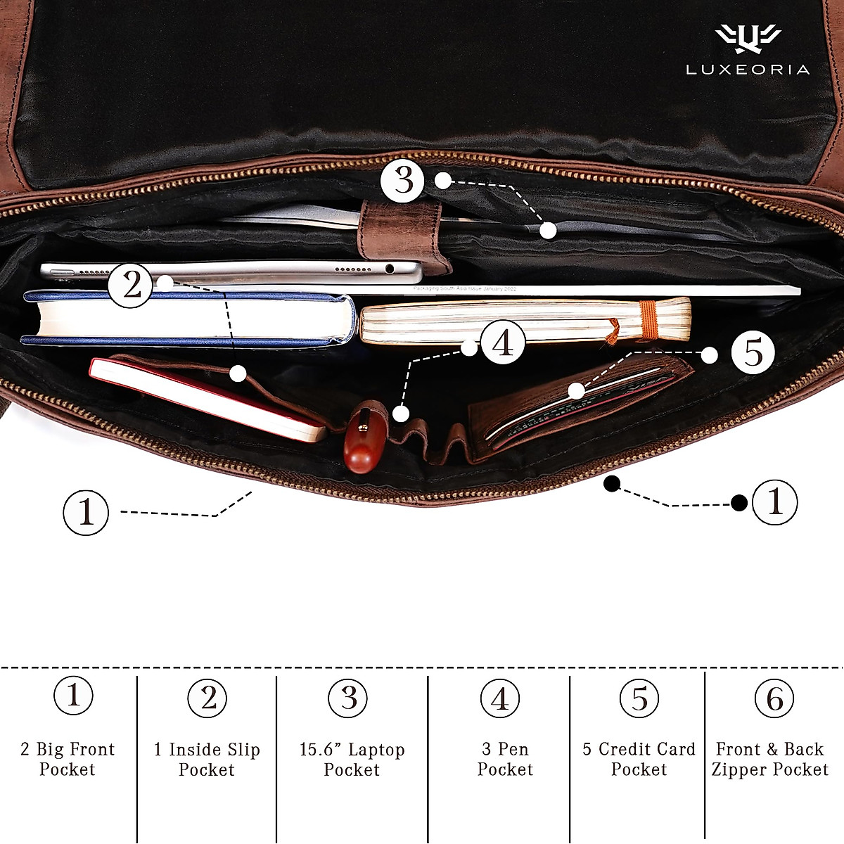 LUXEORIA Leather Briefcase Shoulder Bag for Women & Men, Over the Shoulder Bag for Women Crossbody & Mens Briefcase Office Bag for Travel | Opulent - Dark Brown