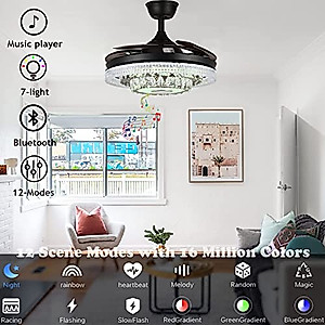 FINE MAKER 42" Bluetooth Fandelier Ceiling Fan with Light, Modern Black Reversible Chandelier Fan with RGB Light Colors Retractable Blades Light Fixture for Bedroom Living Room
