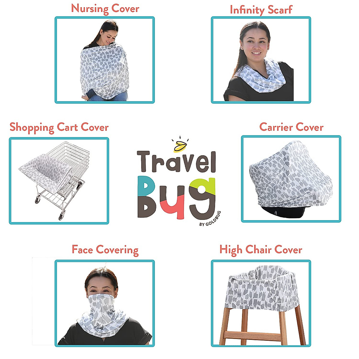 Travel Bug 5-in-1 Nursing Cover and Car Seat Cover for Babies, Scribble