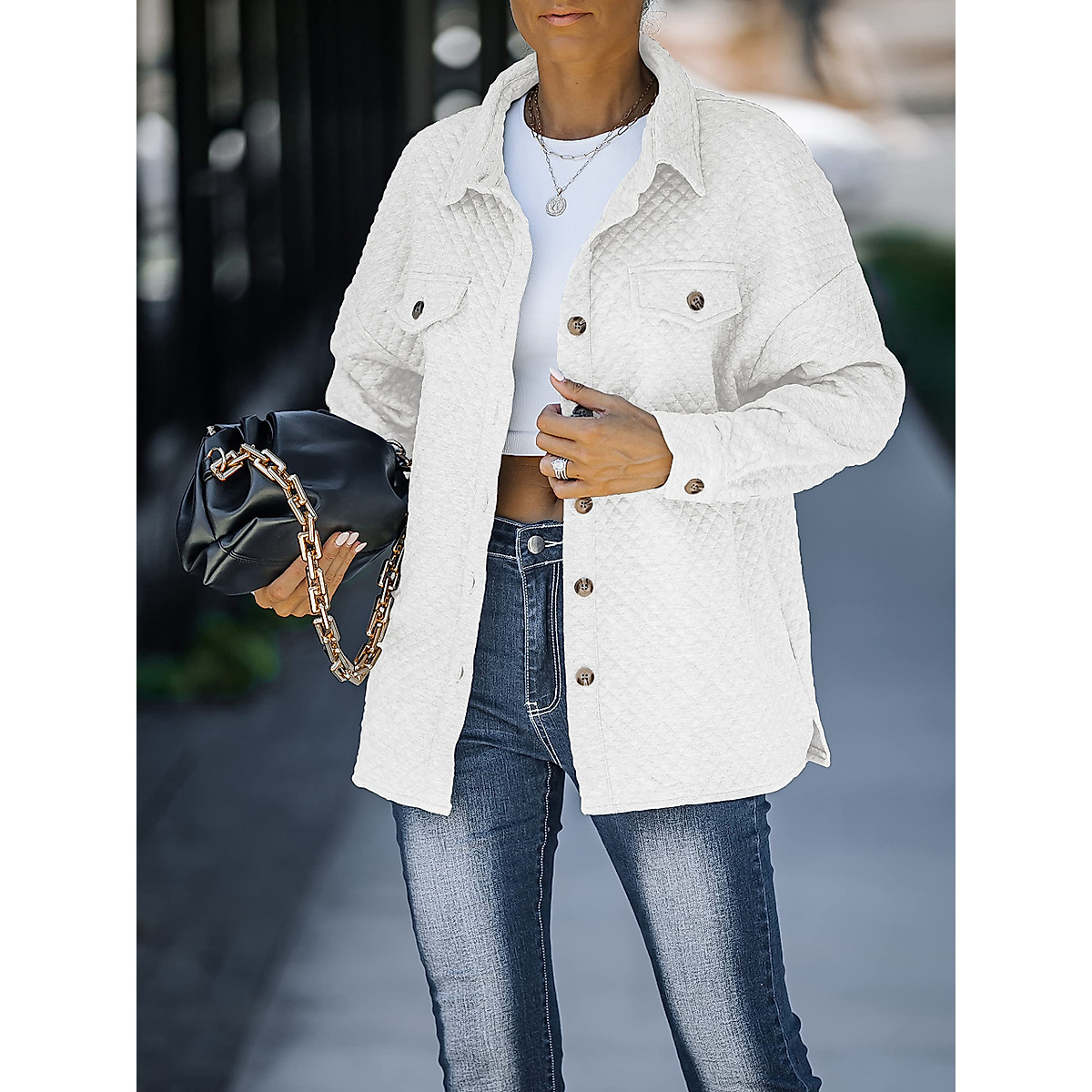 ZESICA Women's Casual Long Sleeve Button Down Loose Lightweight Shacket Shirt Jacket Coat Outerwear with Pockets,White,Medium