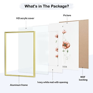 FOLKOR 11x14 Gold Picture Frame with Mat for 8x10, 11 by 14 Metal Frame with Stand, Tabletop or Wall Mounting, 11x14 Photo Frame for Posters/Prints/Landscape/Portrait/Gallery Wall Art (Gold, 1 Pack)