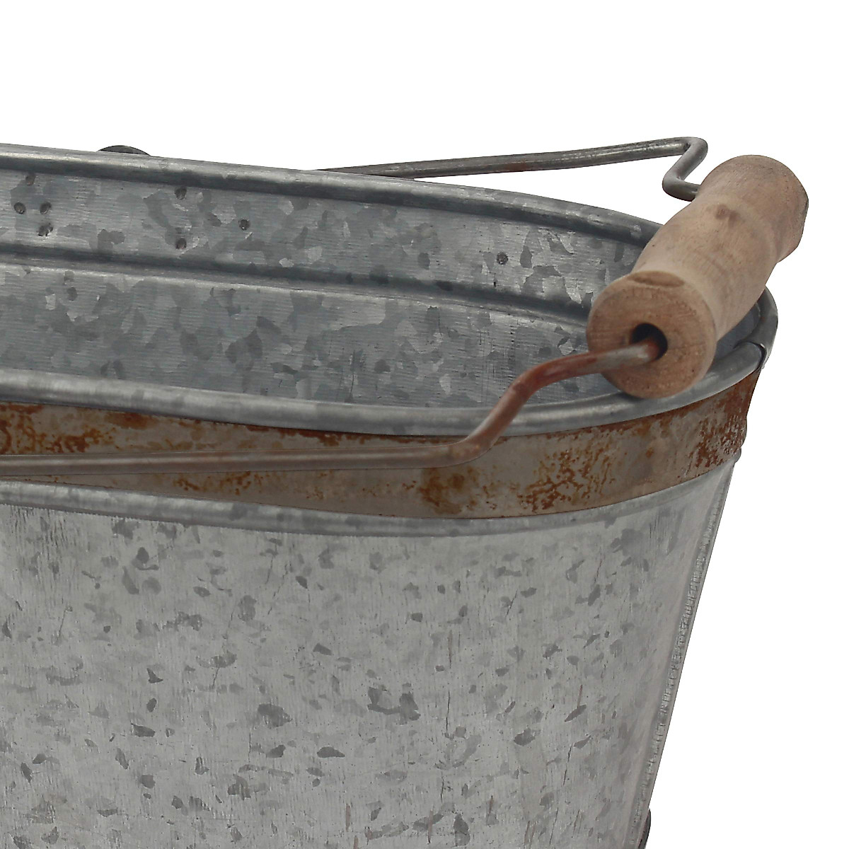 Stonebriar Small Aged Galvanized Metal Oval Bucket with Rust Trim and Wooden Handle, Country Rustic Home Decor, for Centerpiece, Office Organization, Bathroom Storage, or Party Decorations