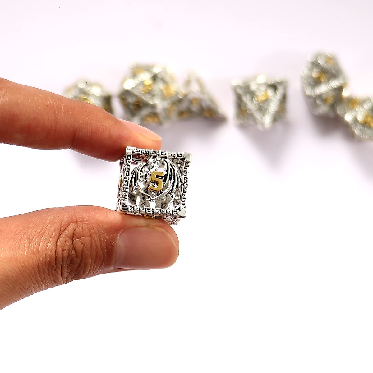 DDFE New Hollow Metal DND Dice 7Pcs Set for Dungeons and Dragons RPG MTG Table Games D&D Pathfinder Shadowrun and Math Teaching,d and d Game Dice with Gift Box,Great DND Gifts