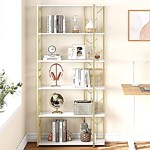 Bookshelf 6 Tier Bookcase Modern Storage Rack Shelf Tall Standing Bookshelves Gold Vintage Rectangular Wood Finish Solid