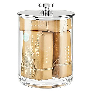 mDesign Large Modern Apothecary Storage Organizer Canister Jars - Plastic Containers for Bathroom, Organization Holder for Vanity, Counter, and Makeup Tables, Lumiere Collection, Clear/Chrome