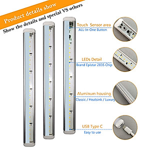 LED Under Cabinet Lighting plug in – ZHIKE (2020 New) Touch Dimmable linkable closet Light for Counter Kitchen Accent Light Natural White 4000K, Tool-Free Install, 9" Length 3-Bars ETL Adapter