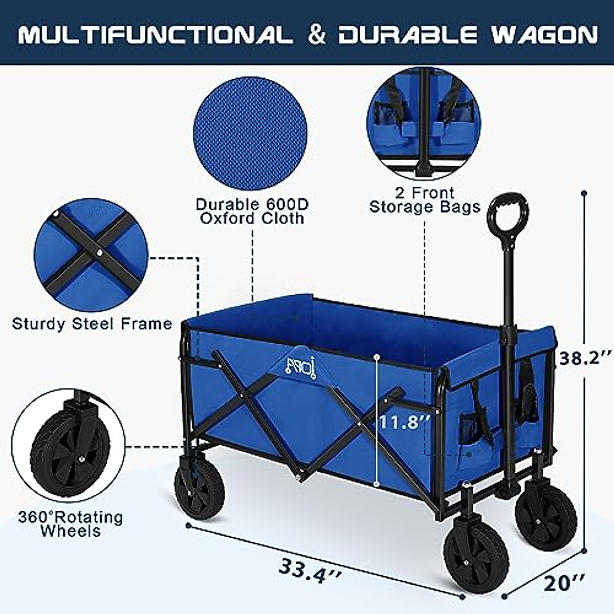 Rollefun Wagon Cart with Wheels Foldable - Collapsible Utility Wagon Heavy Duty, Folding Grocery Wagon, All Terrain Wagon Outdoor Camping Garden